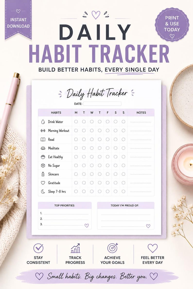 Daily Habit Tracker Canva Template - Editable Printable Planner Instant ...