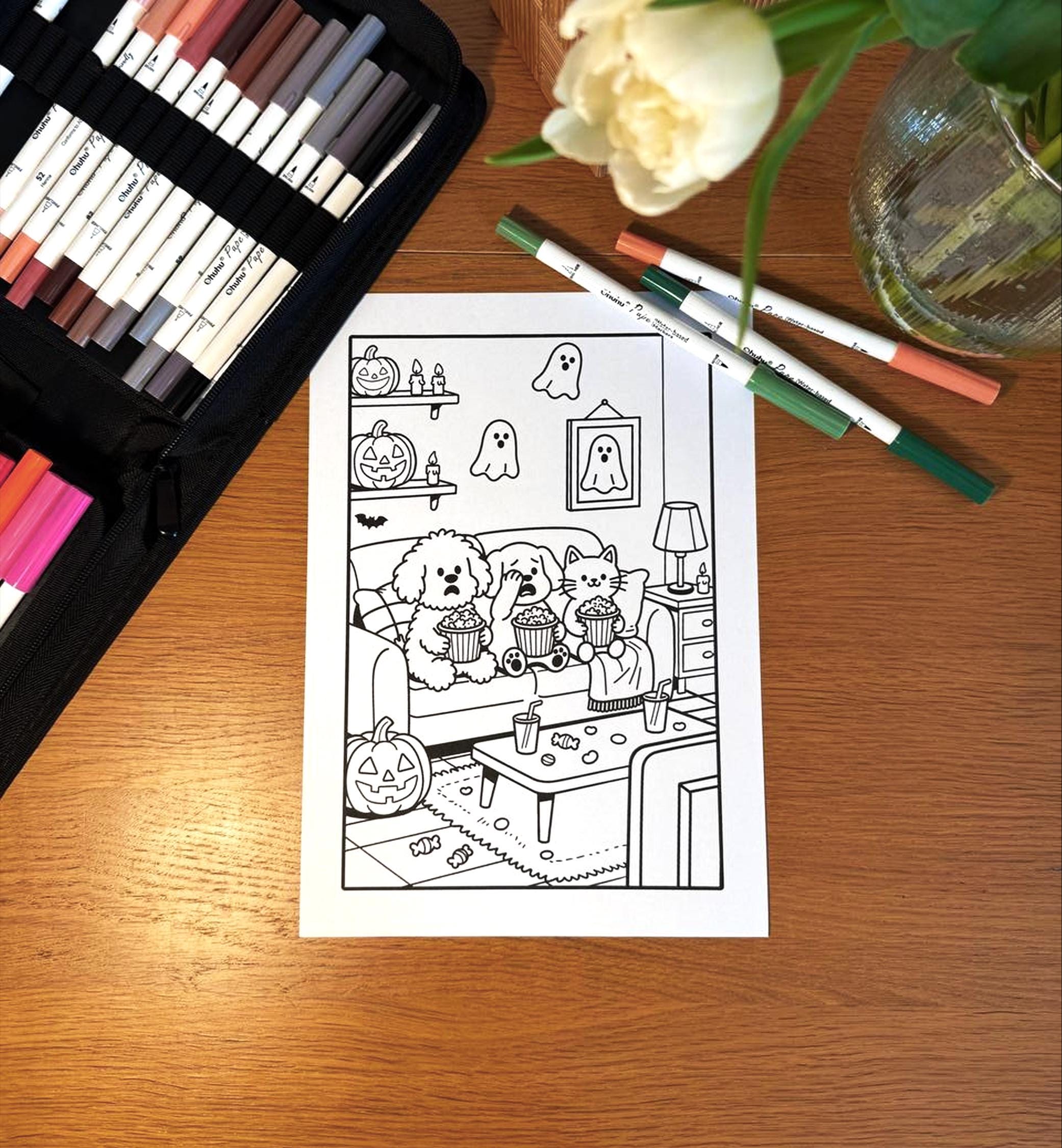 Spooky Movie Night Coloring Page: Halloween Pets (PDF & JPG) - Etsy