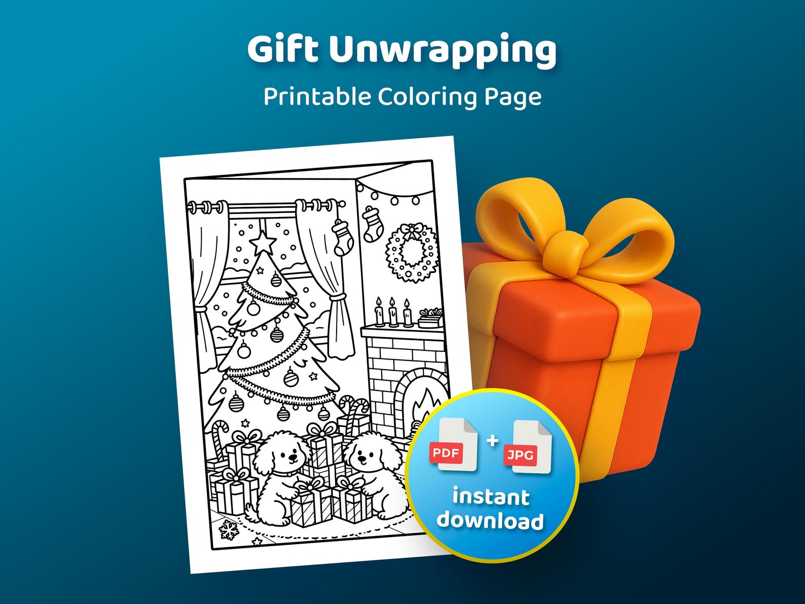 Christmas Gift Unwrapping Coloring Page: Holiday Scene (PDF + JPG) - Etsy