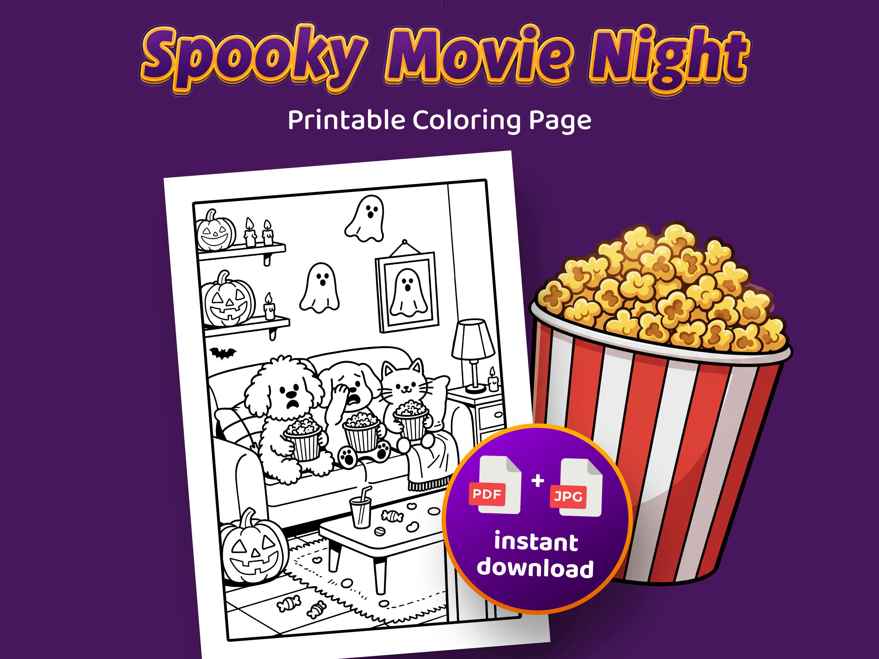 Spooky Movie Night Coloring Page: Halloween Pets (PDF & JPG) - Etsy
