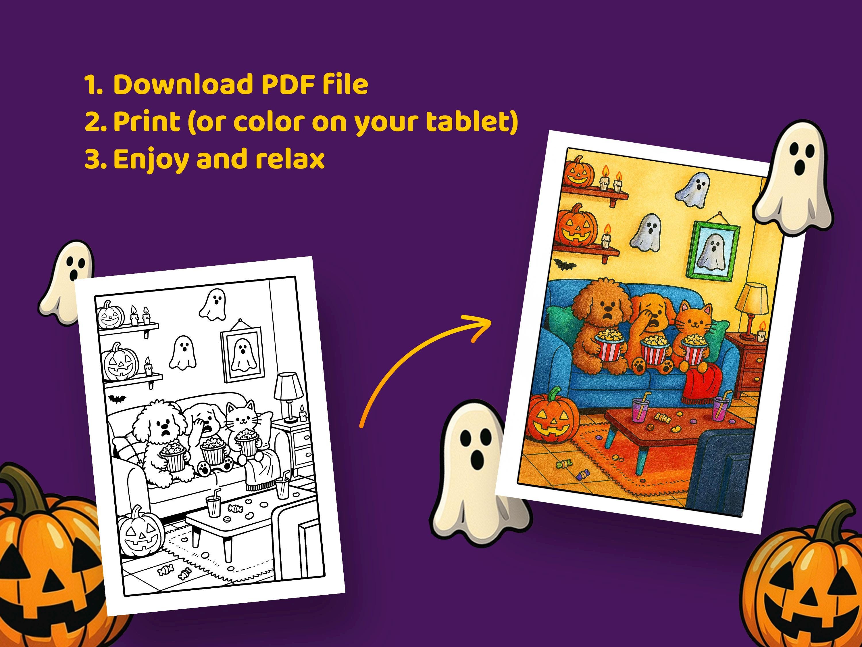 Spooky Movie Night Coloring Page: Halloween Pets (PDF & JPG) - Etsy