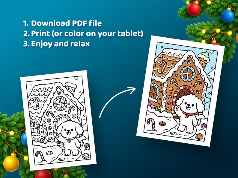 Gingerbread Puppy House Coloring Page: Christmas Holiday Scene (PDF ...