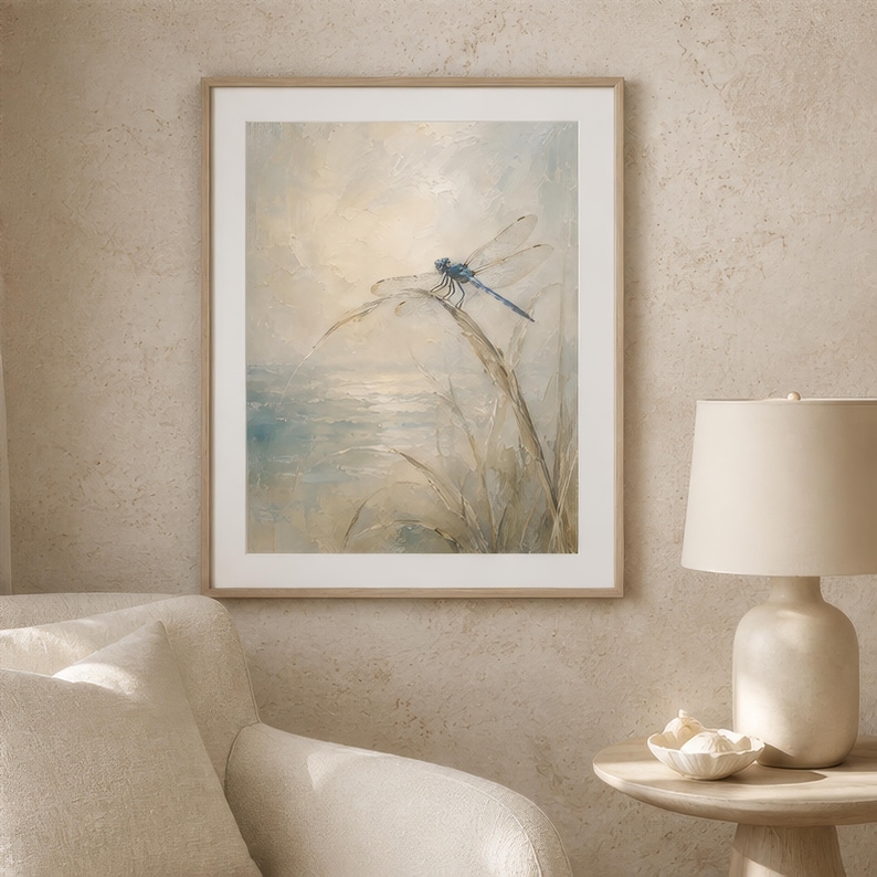 Coastal Dragonfly Print, Blue Painterly Nature Art, Serene Beach House ...