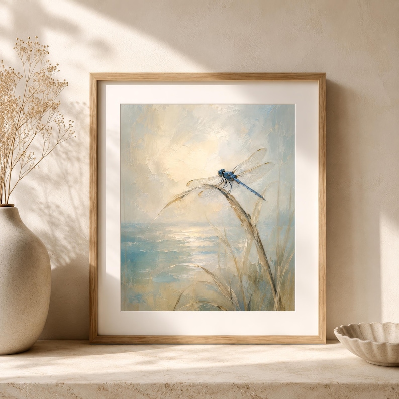 Coastal Dragonfly Print, Blue Painterly Nature Art, Serene Beach House ...