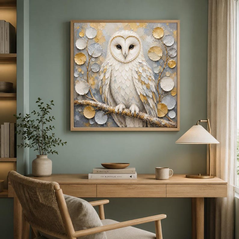 White Barn Owl Art Print, Painterly Woodland Animal, Gold Silver ...