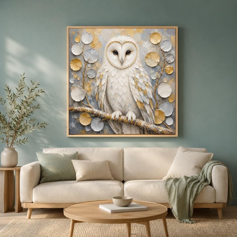 White Barn Owl Art Print, Painterly Woodland Animal, Gold Silver ...