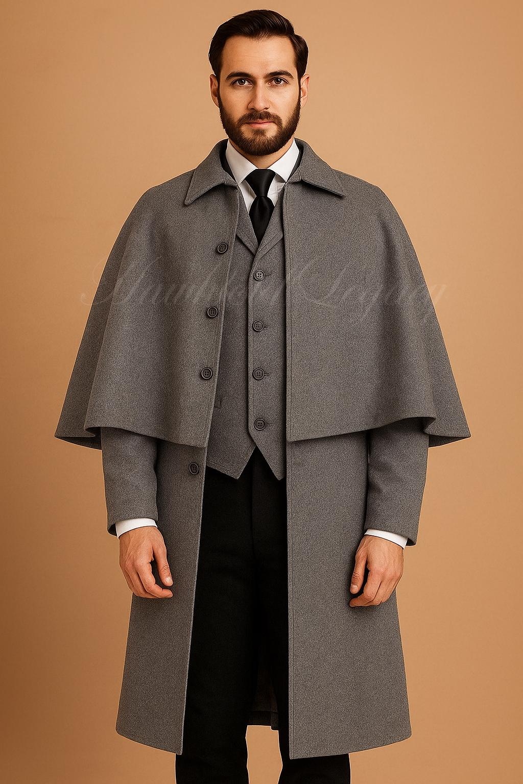 Men’s Victorian Brown Wool Inverness Cape Coat, Vintage Steampunk ...