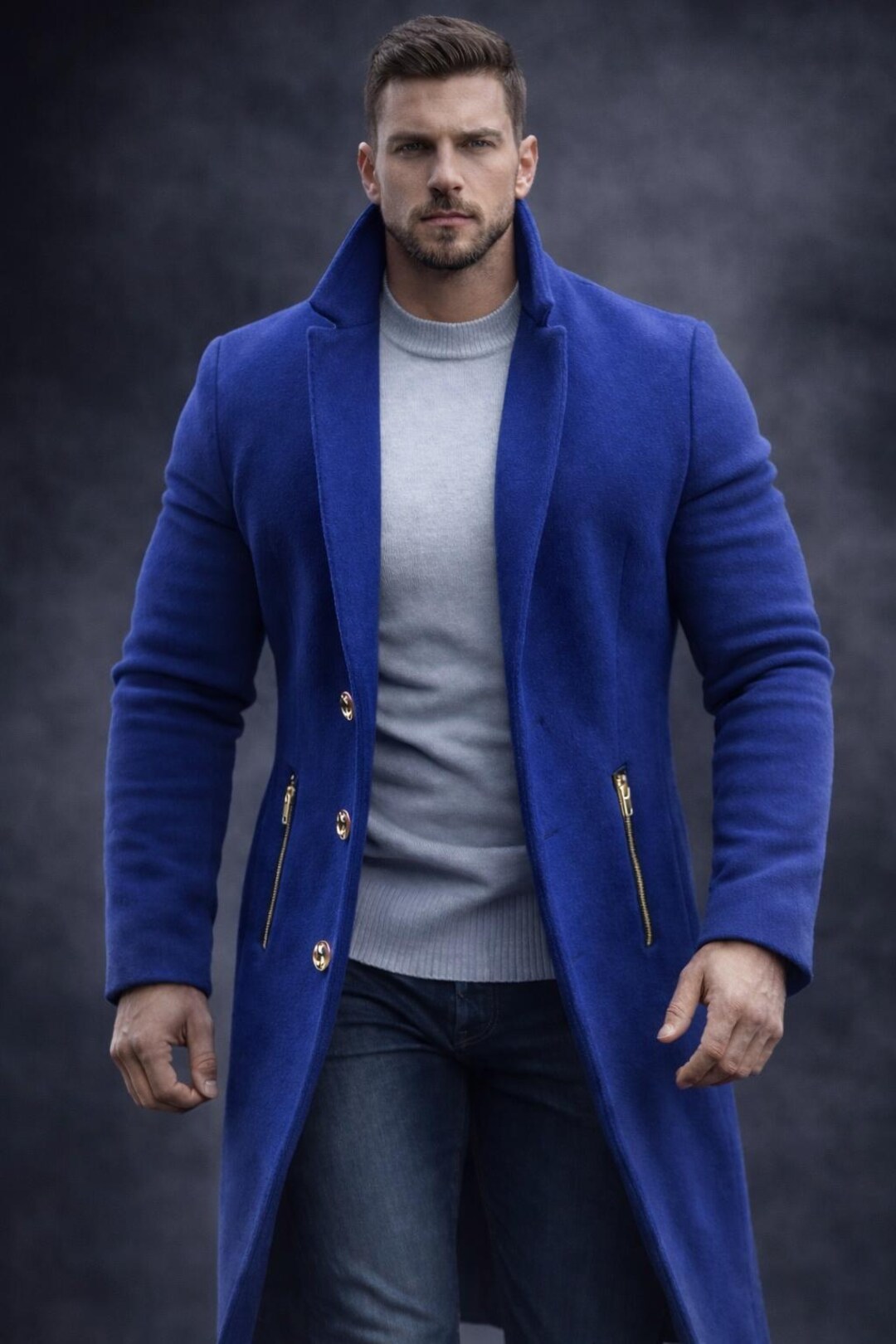 Men’s Wool Winter Long Coat, Vintage Gothic Steampunk Royal Blue ...