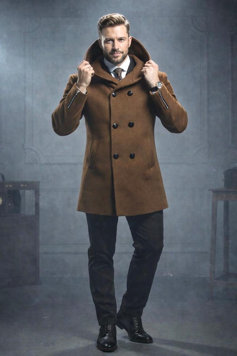 Men’s Wool Hooded Peacoat, Vintage Gothic Steampunk Double-breasted ...