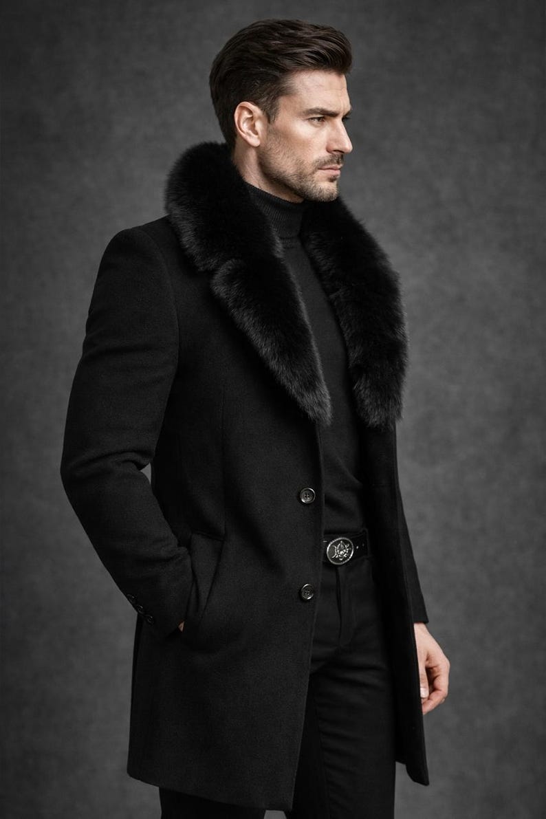 Men’s Wool Coat With Faux Fur Collar, Winter Long Overcoat Jacket ...