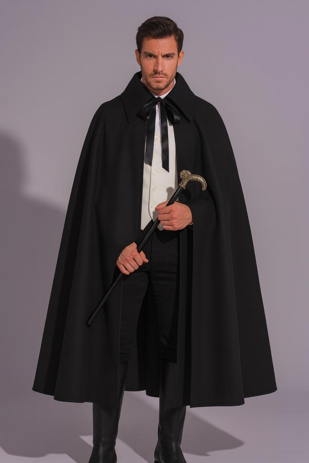 Men’s Victorian Black Wool Cloak Cape Coat, Vintage Gothic Steampunk ...