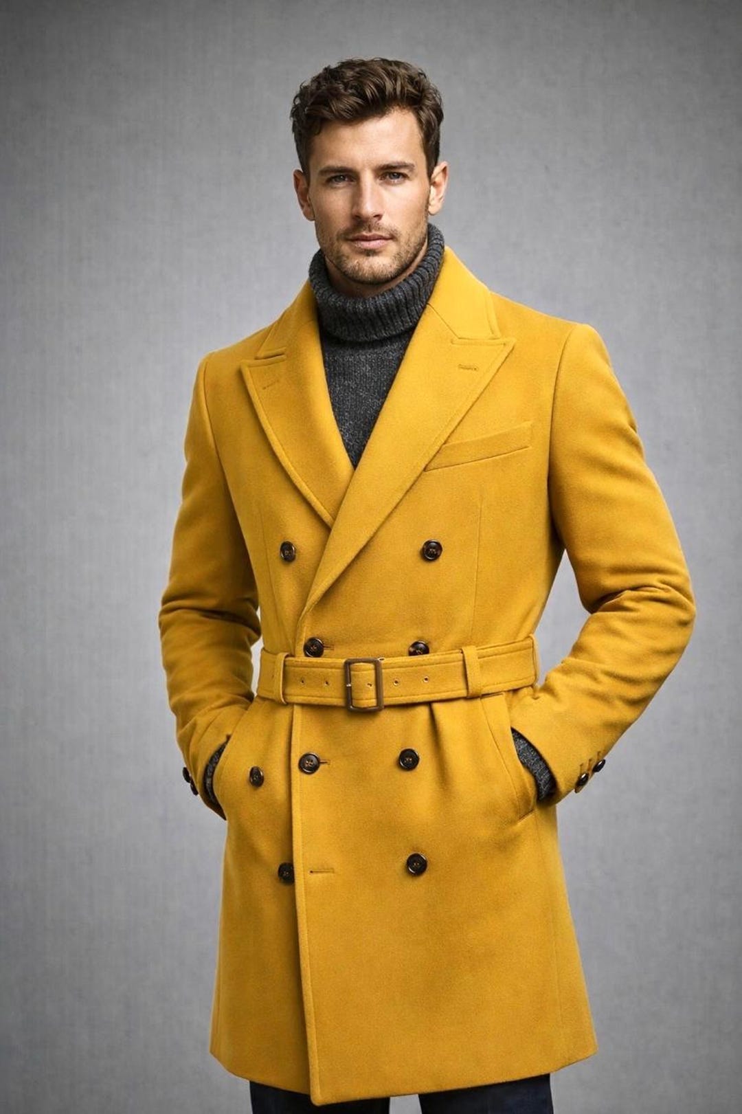 Men’s Yellow Wool Coat, Victorian Double Breasted Trench Overcoat ...