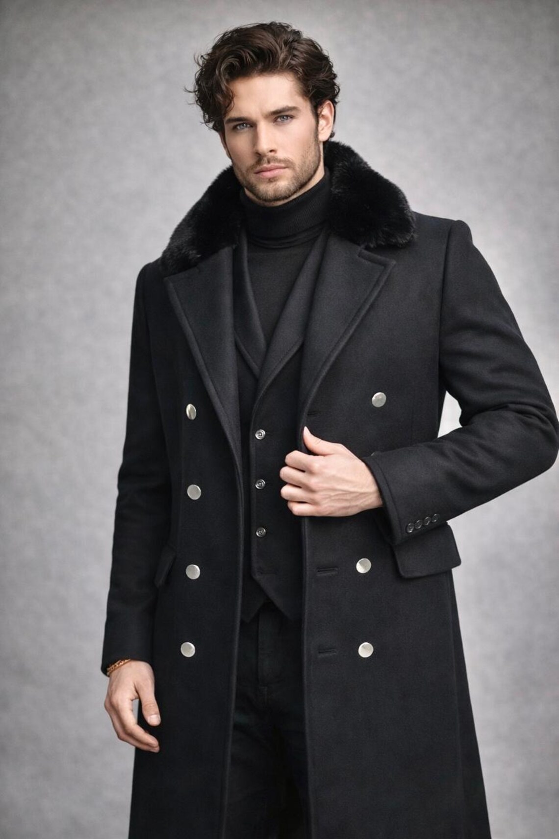 Men's Gothic Victorian Black Wool Coat Jacket, Vintage Steampunk Fur ...