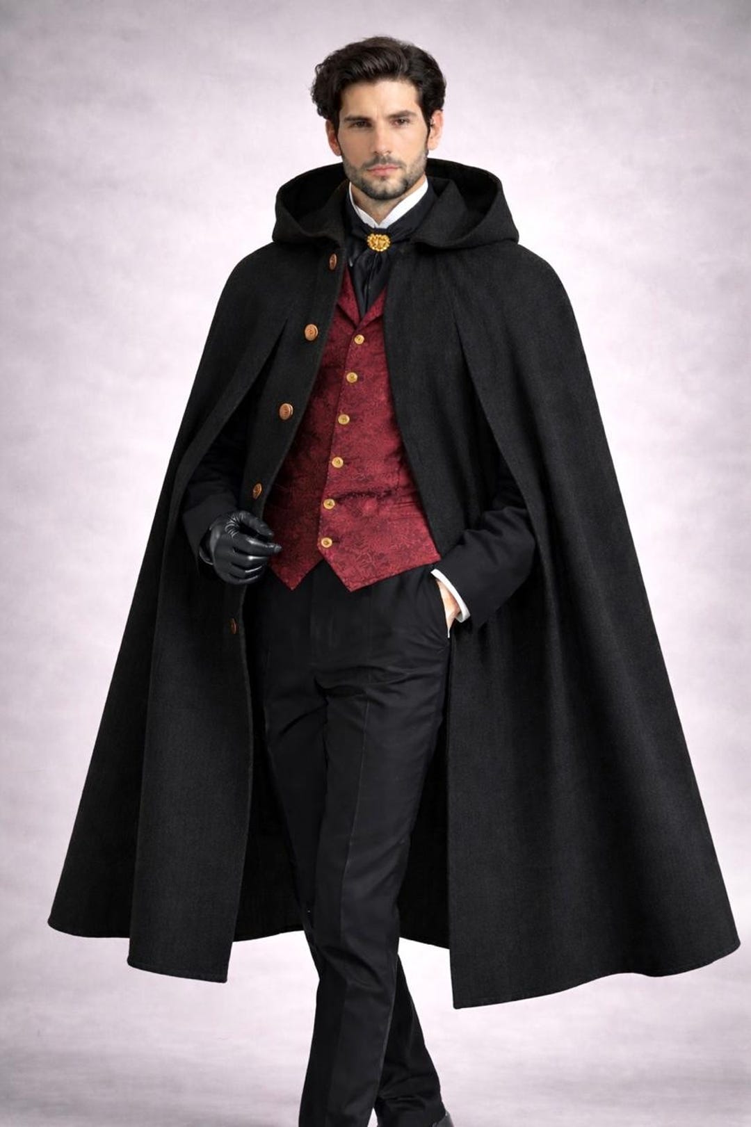 Men's Victorian Hooded Wool Cloak Cape Coat, Vintage Gothic Steampunk ...