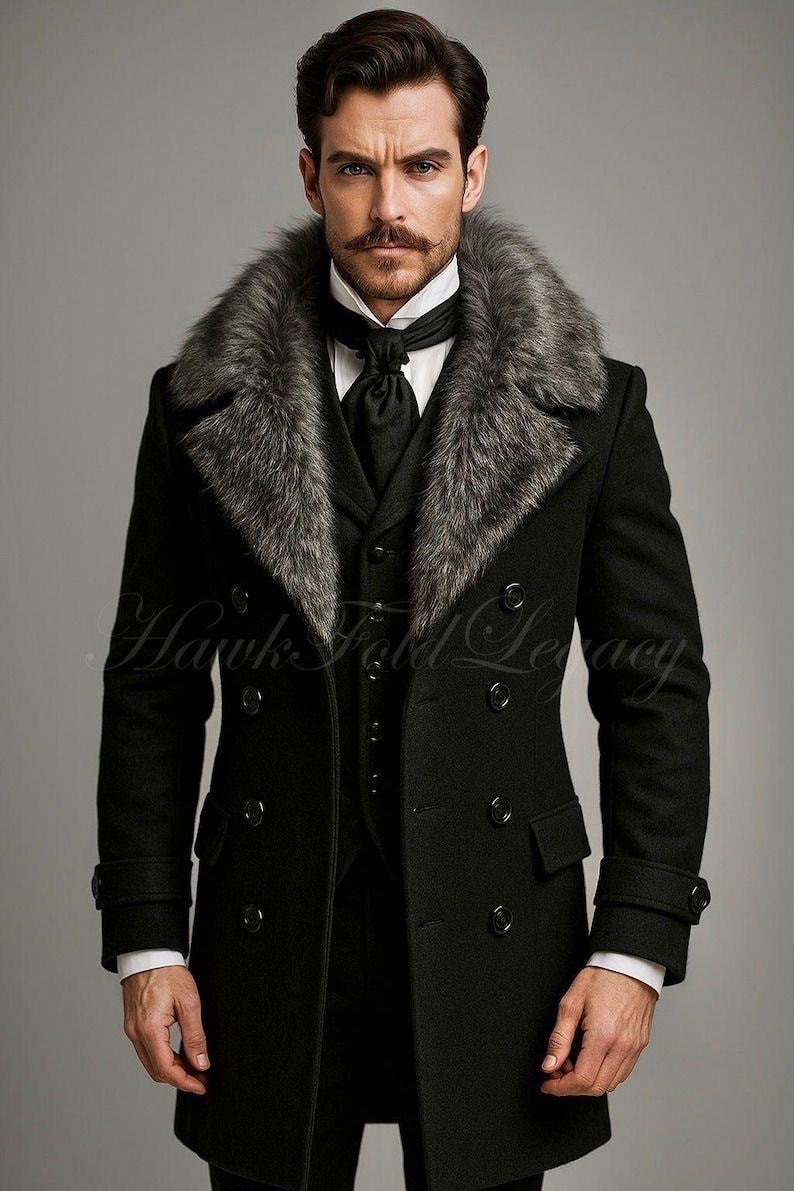 Men’s Victorian Wool Tailcoat Faux Fur Collar, Gothic Steampunk Double ...