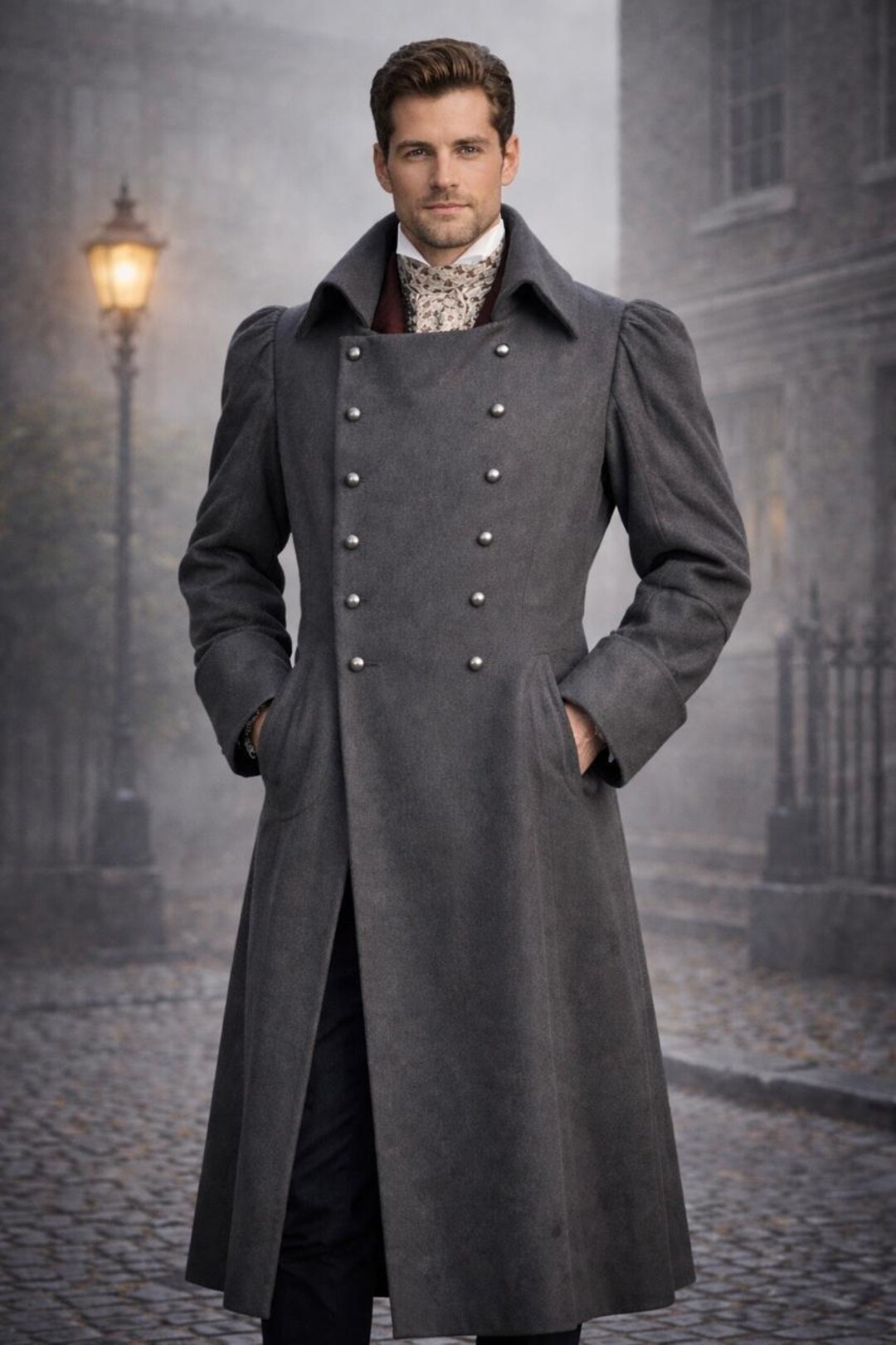 Men’s Victorian Grey Wool Regency Tailcoat Long Frock Coat Overcoat ...