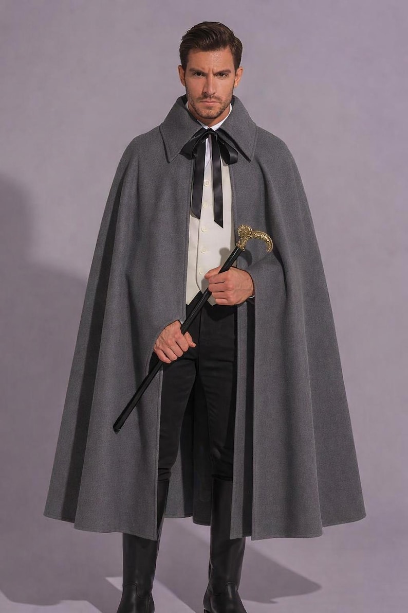 Men’s Victorian Black Wool Cloak Cape Coat, Vintage Gothic Steampunk ...