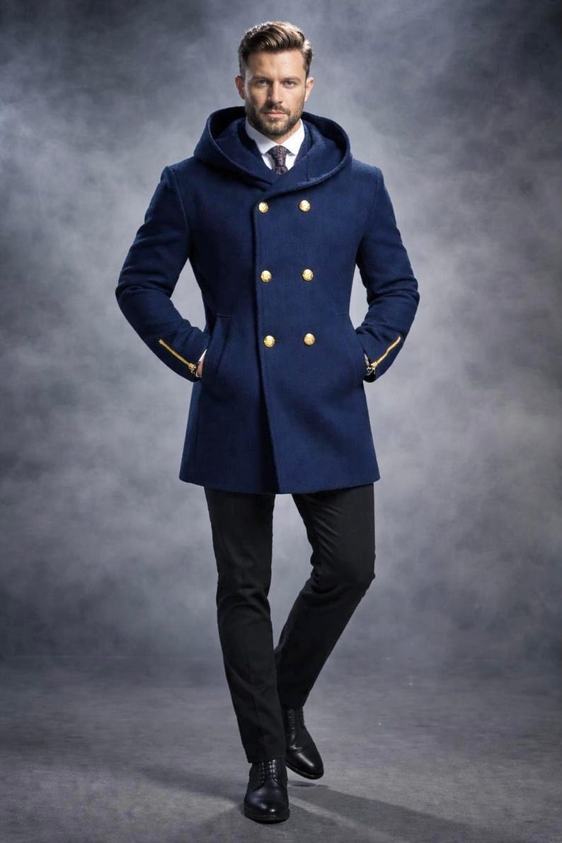 Men’s Wool Hooded Peacoat, Vintage Gothic Steampunk Double-breasted ...