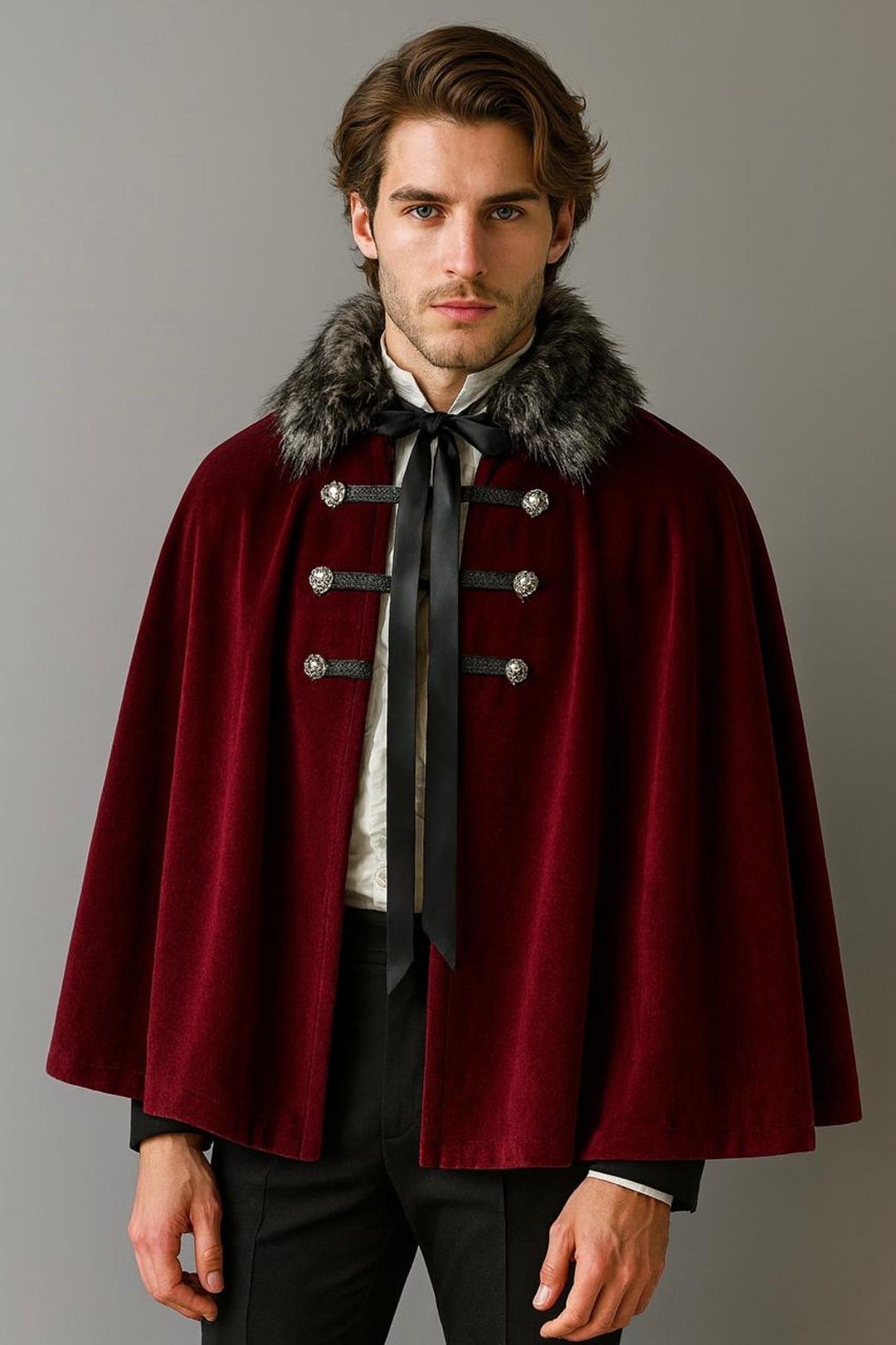 Men's Victorian Burgundy Velvet Medieval Cloak Cape Coat With Fur ...