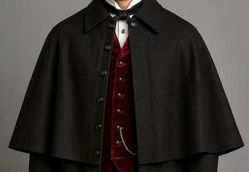 Men’s Victorian Black Wool Cloak Cape Coat, Vintage Gothic Steampunk ...