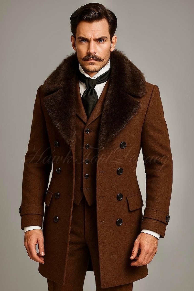 Men’s Victorian Wool Tailcoat Faux Fur Collar, Gothic Steampunk Double ...