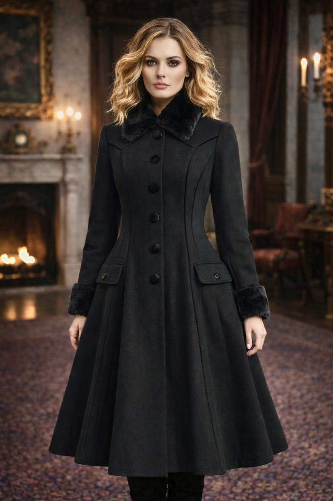 Women's Victorian Gothic Black Wool Coat With Fur Collar, Vintage ...