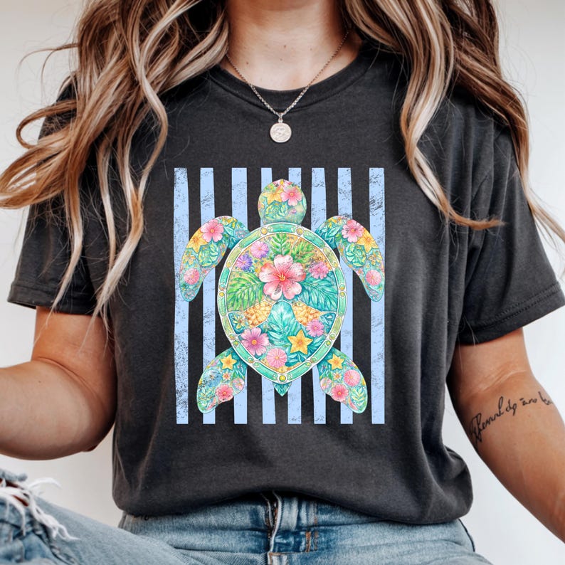 Sea Turtle Floral DTF Transfer, Ready to Press Heat Transfer, Tropical ...