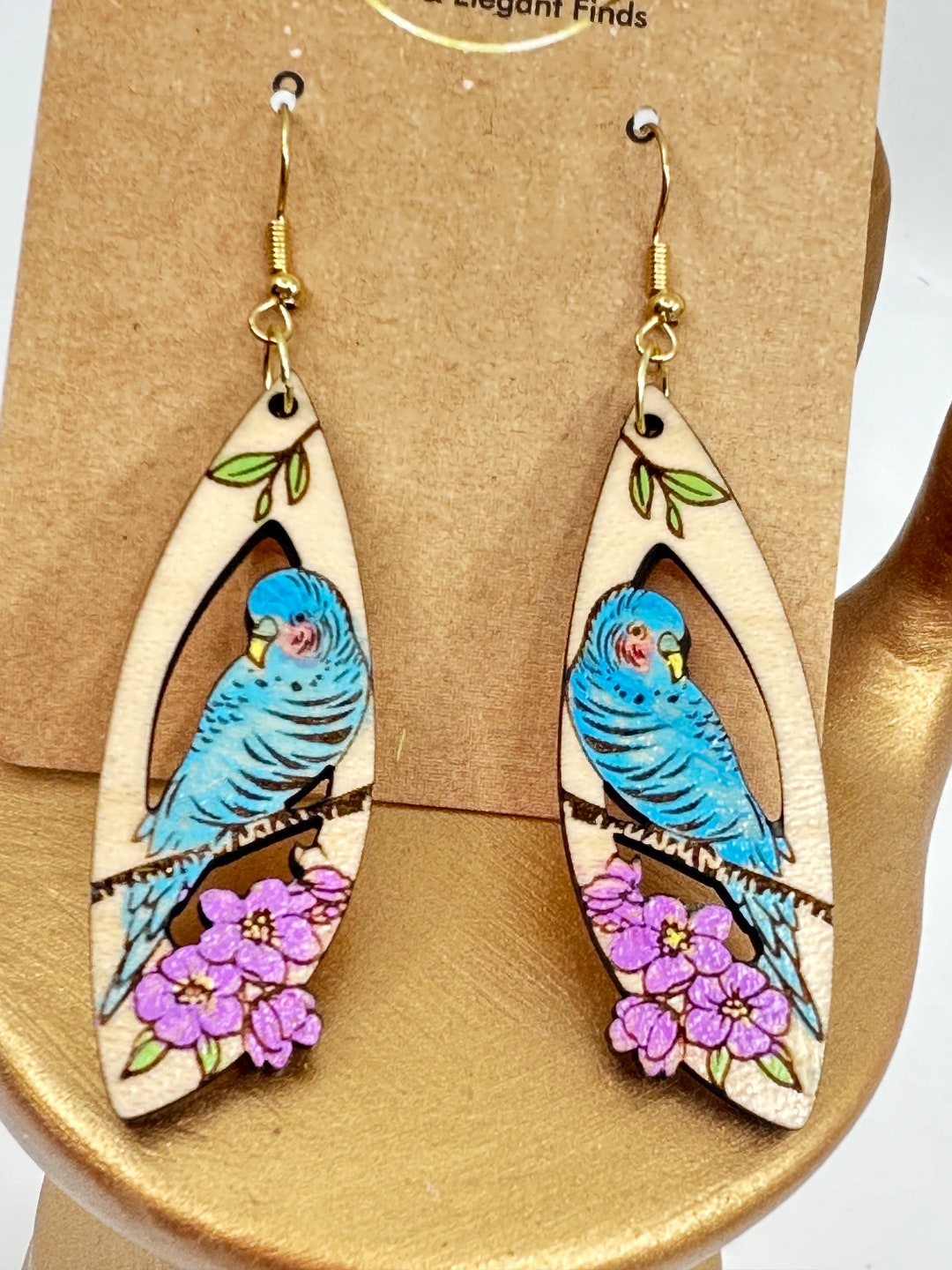 Little Blue Bird Budgie Parakeet With Flower Earrings - Hand Painted ...