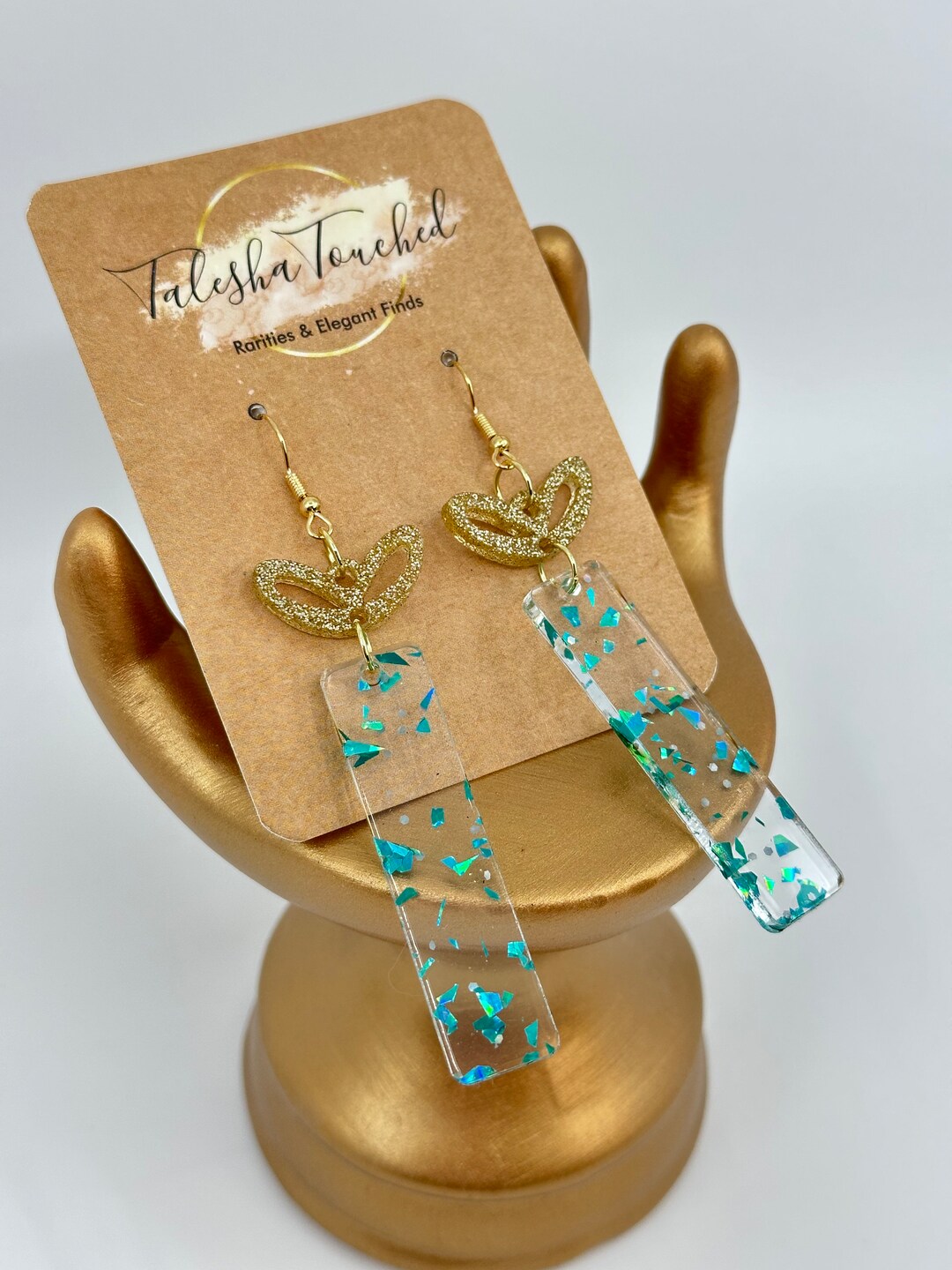 Gift Earrings With Bow Present Earrings Acrylic Turquoise Foil in Clear ...