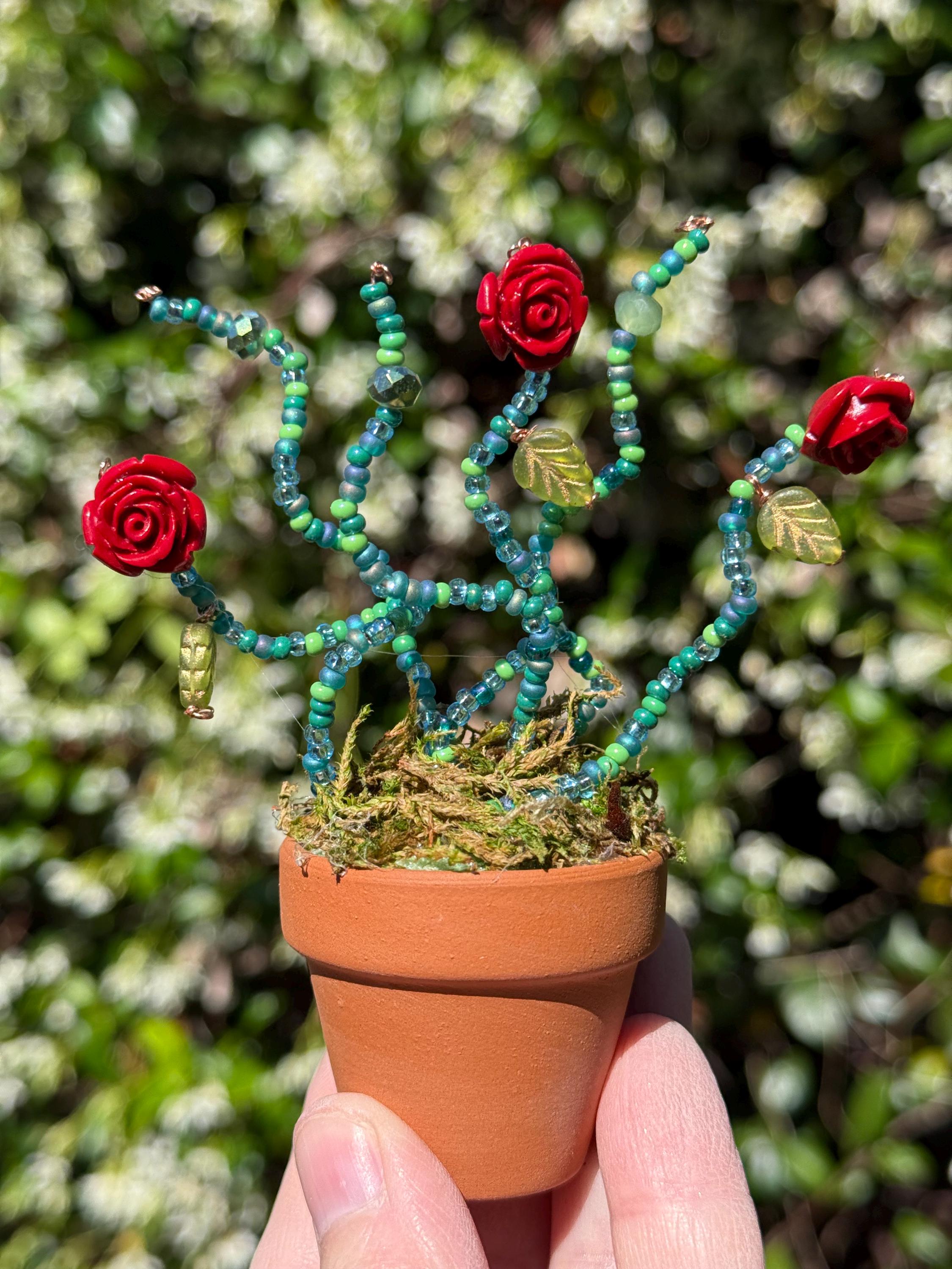 Beaded Plant in Pot - Beaded Rose Bush - Beaded Potted Plant - Jewelry ...