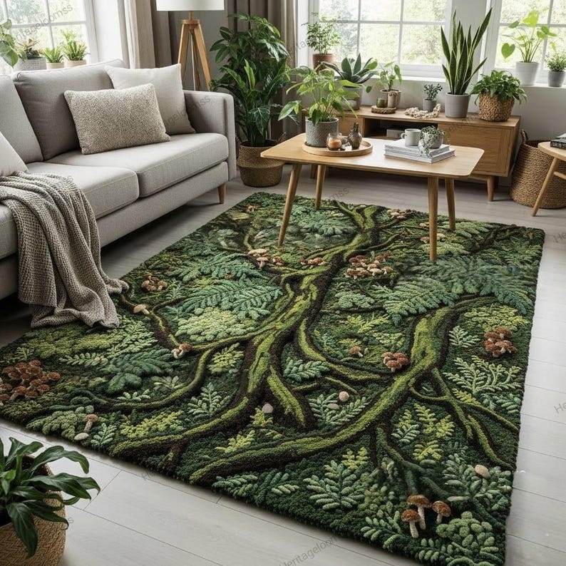 Hand-tufted Wool Rug: Forest Moss Green, Botanical Design - Etsy