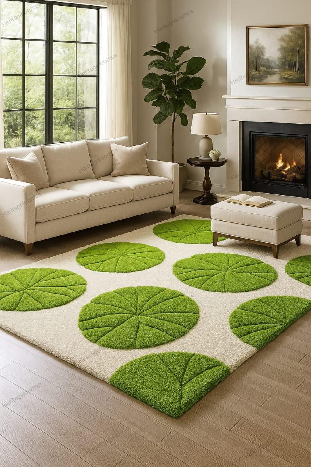 Modern Minimalist Living Room With Leaf Pattern Rug and Cozy Fireplace ...