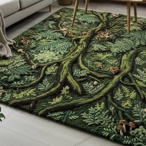 Hand-tufted Wool Rug: Forest Moss Green, Botanical Design - Etsy