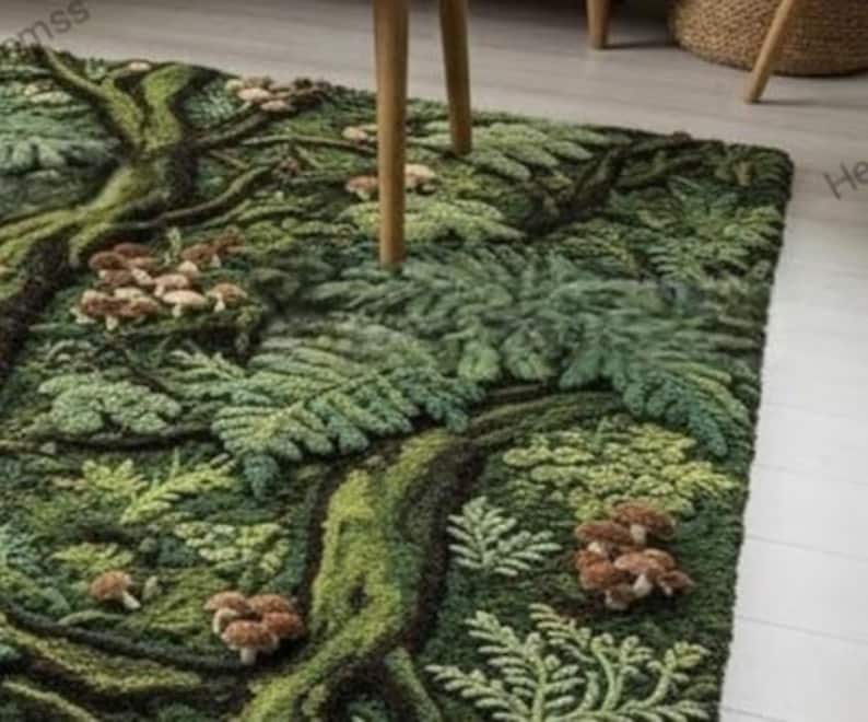 Hand-tufted Wool Rug: Forest Moss Green, Botanical Design - Etsy
