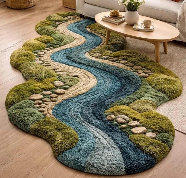Hand Tufted River Runner Rug, Nature Inspired Moss Rug, Organic Shaped ...