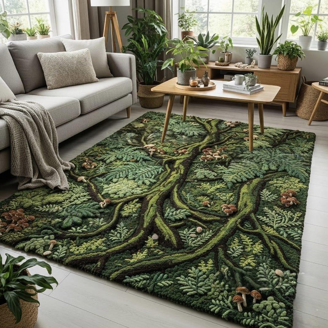 Hand-tufted Wool Rug: Forest Moss Green, Botanical Design - Etsy