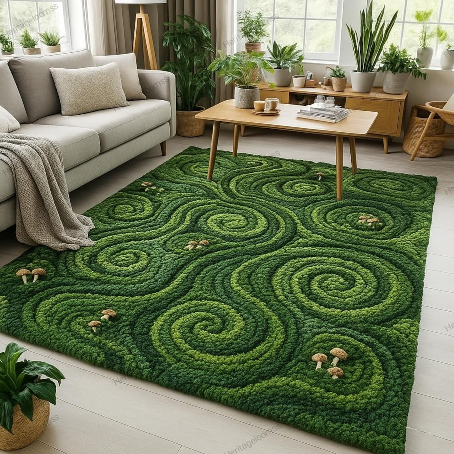 Swirl Moss Forest Rug – Hand-tufted Wool Green Carpet With Mushrooms - Etsy