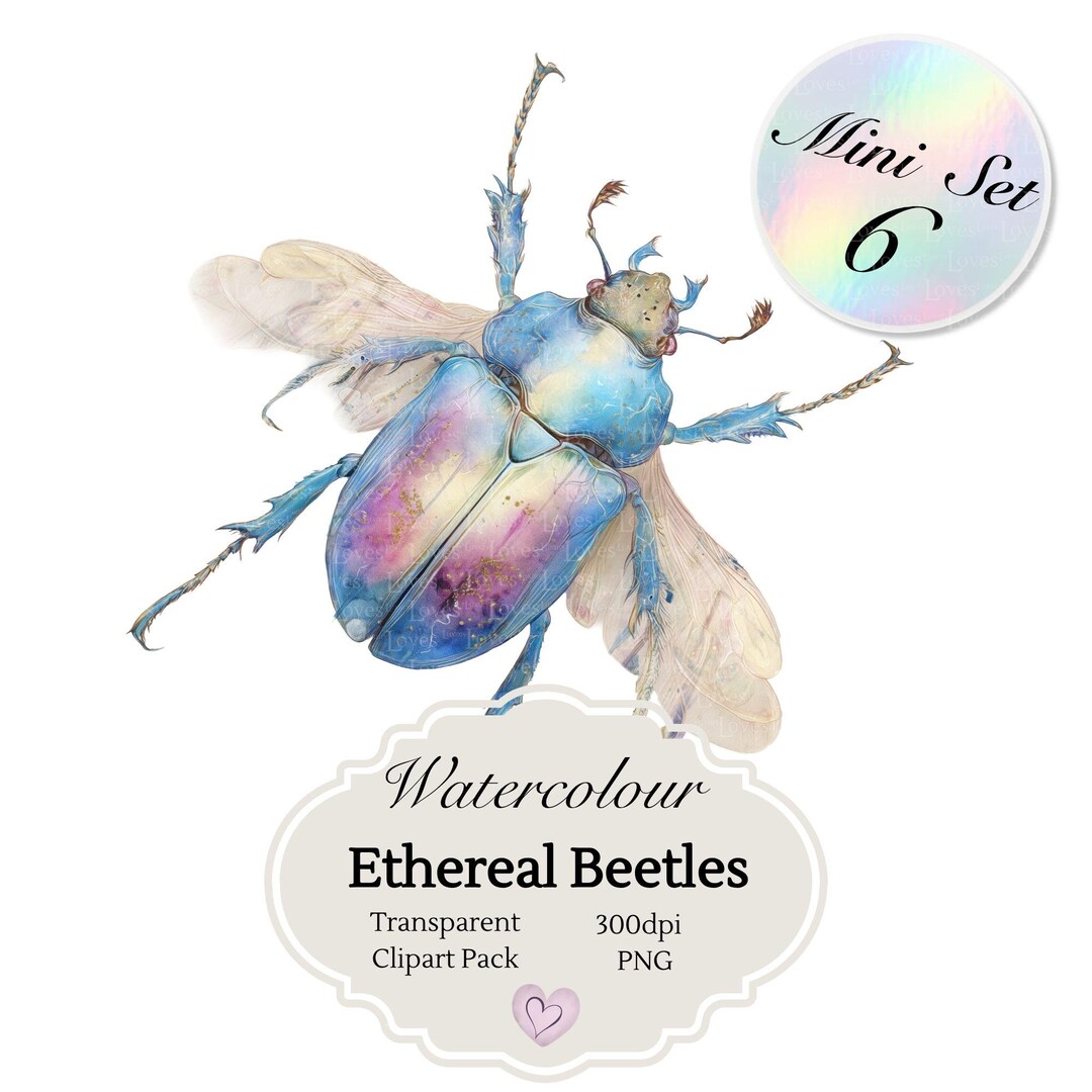 Watercolour Ethereal Beetle Clipart Mini Pack, Rainbow Bug Art Card ...