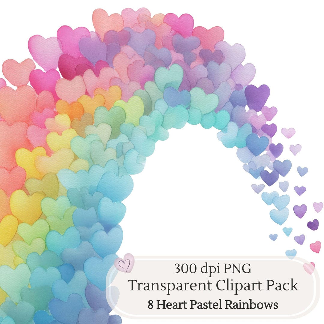 Heart Pastel Rainbows Clipart Pack, Watercolour Valentines Card Design ...