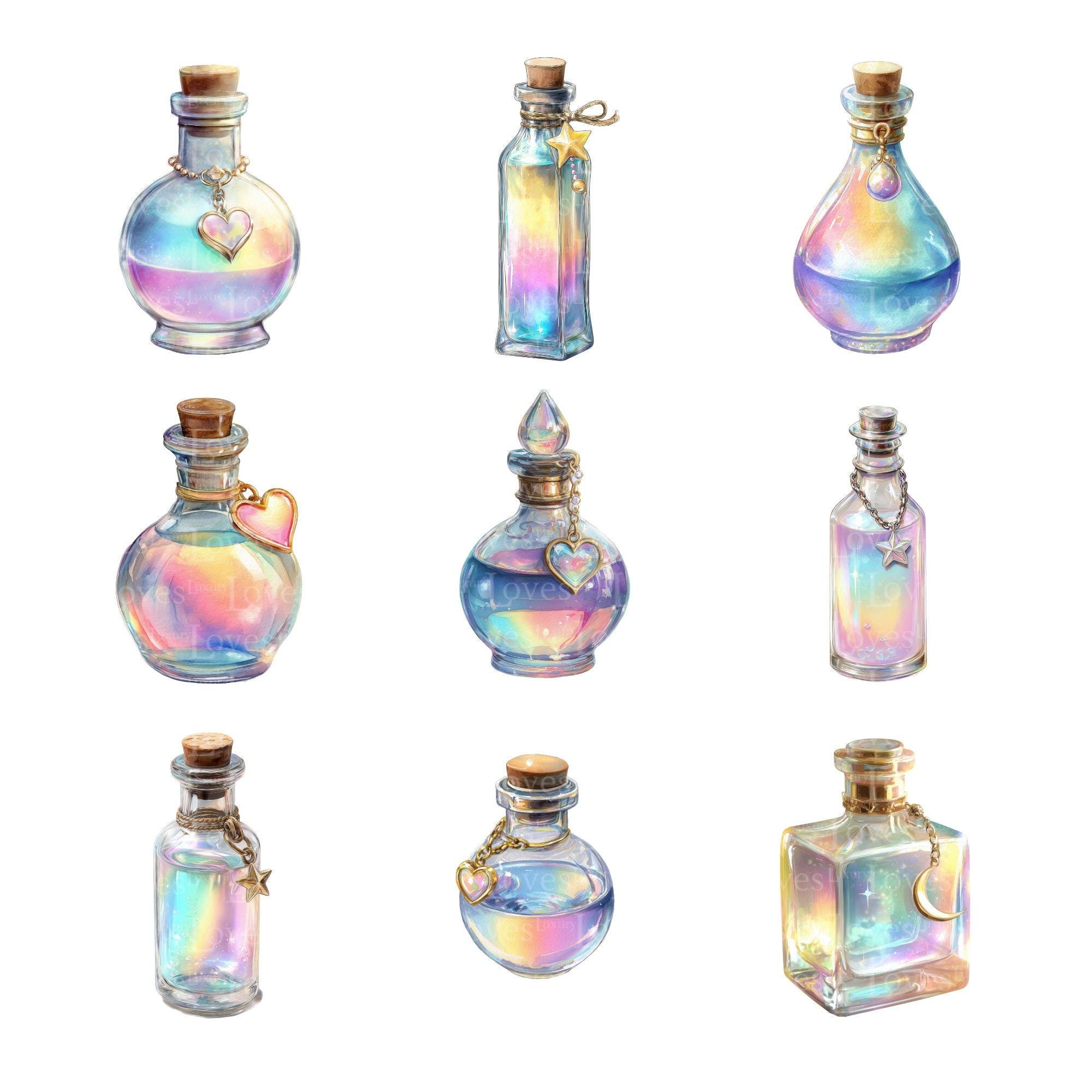 Rainbow Potion Bottles Clipart Pack, Watercolour Ethereal Card Design ...