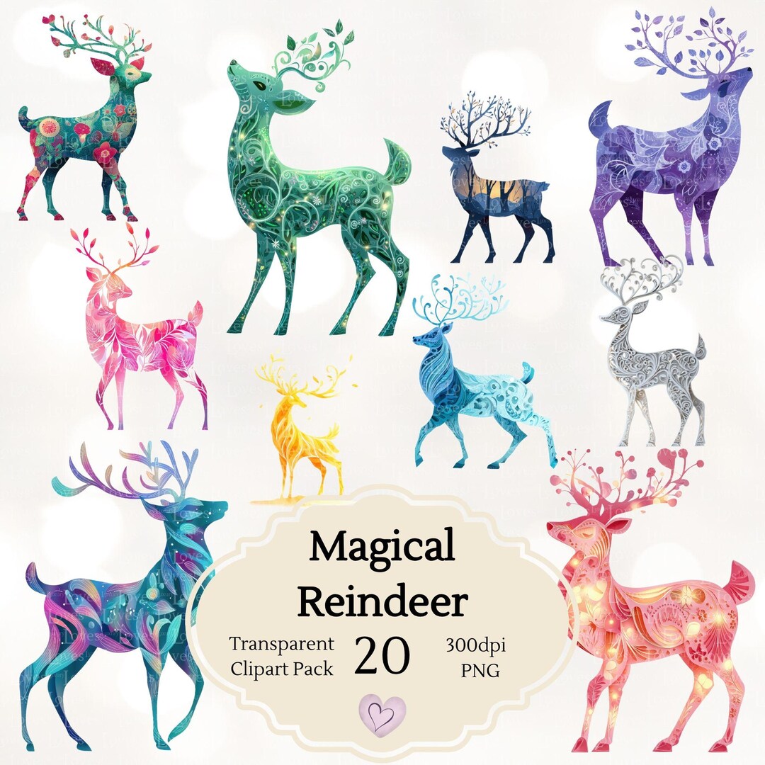 Magical Reindeer Christmas Clipart Pack, Elk Printable Card Design ...