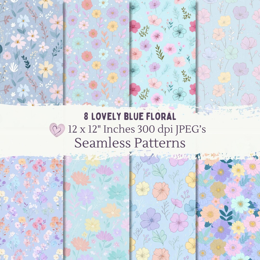 Lovely Blue Floral Seamless Pattern Digital Papers, Flower Pastel ...