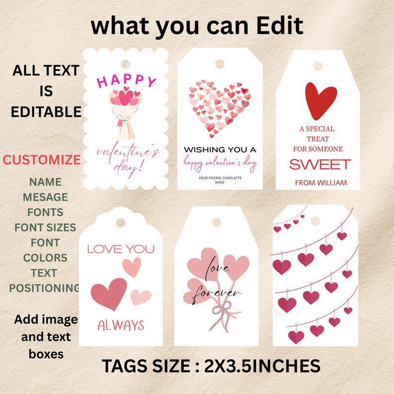 Editable Valentine's Day Gift Tags, Printable Valentine Tags, Kids ...