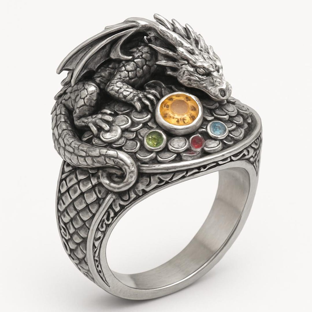 Sterling Silver Dragon Hoard Ring, Fantasy Treasure Ring With Golden ...