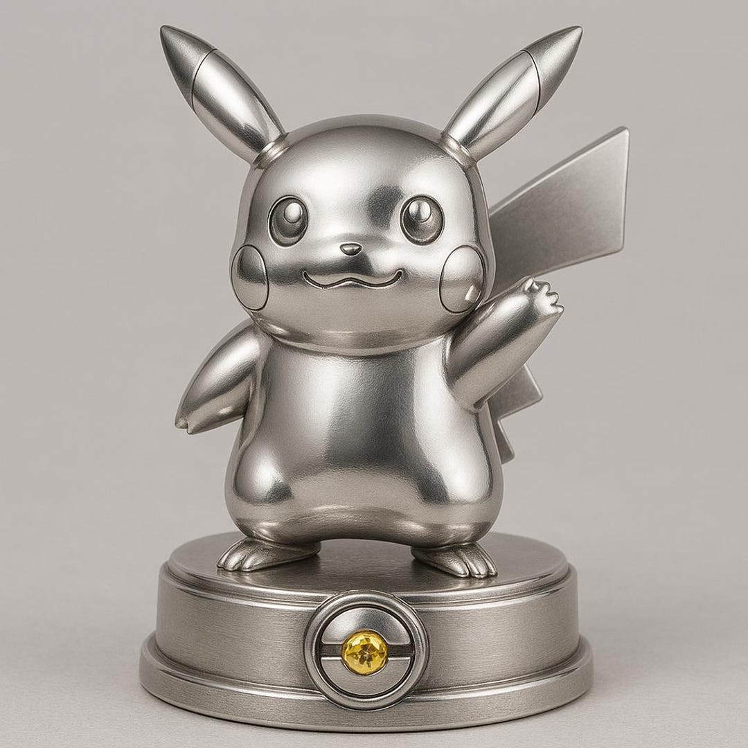 Polished Silver Pikachu Collectible Statue on Display Base With Poké ...