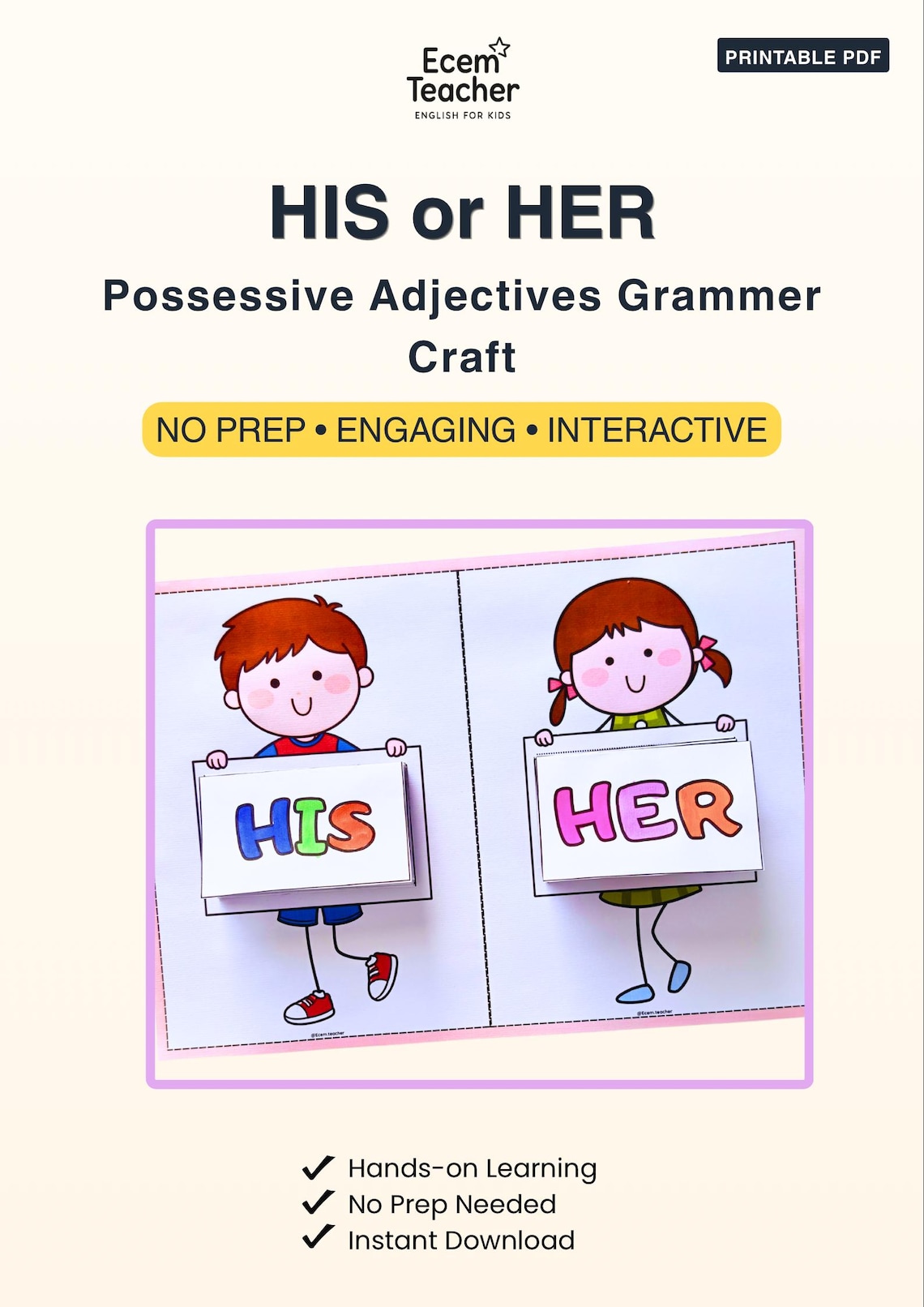 His Her Possessive Adjectives Grammar Craft | Kindergarten ESL Activity ...