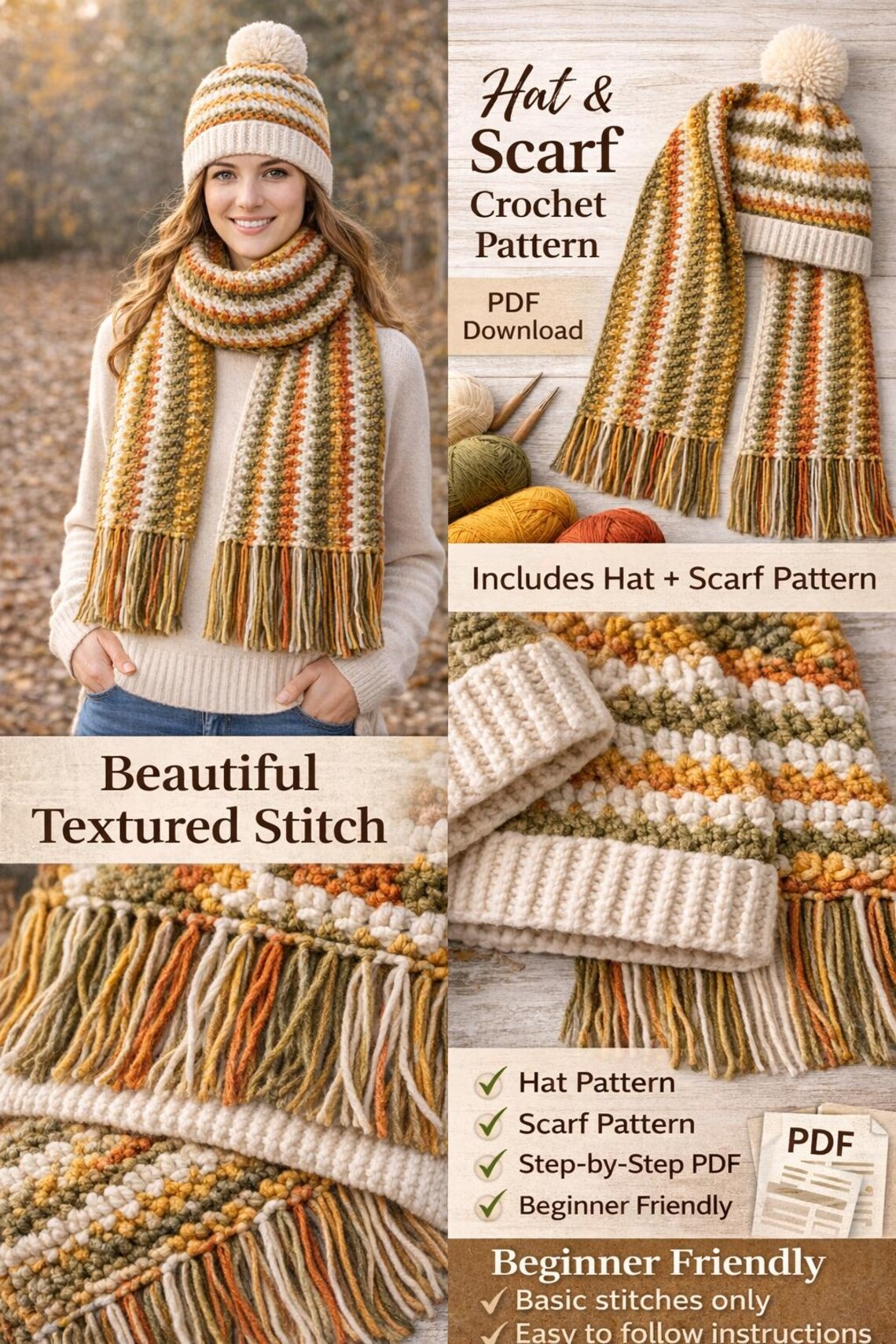 Crochet Hat&scarf Pattern Sed Stripped Beanie With Pom Pom and Fringe ...