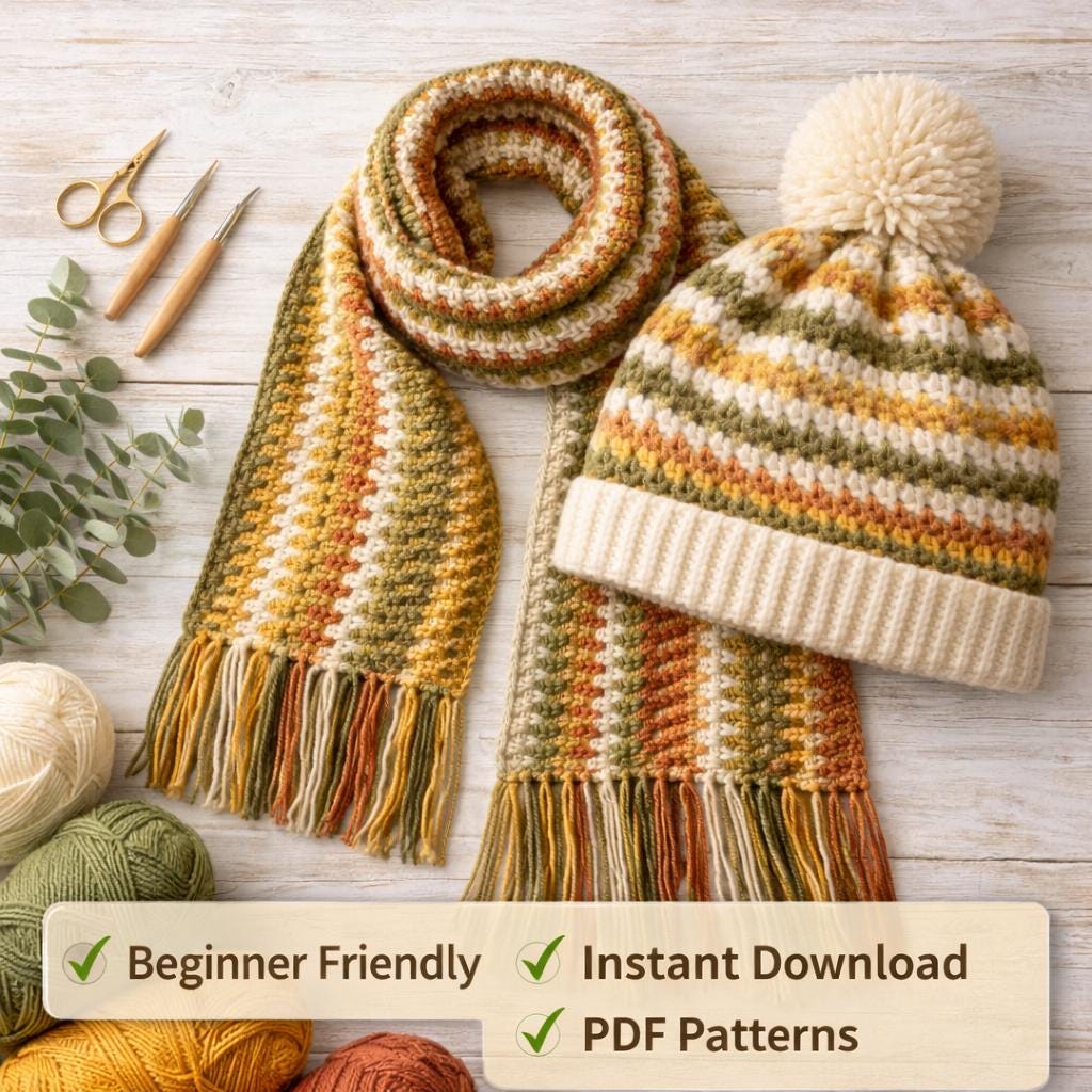 Crochet Hat&scarf Pattern Sed Stripped Beanie With Pom Pom and Fringe ...