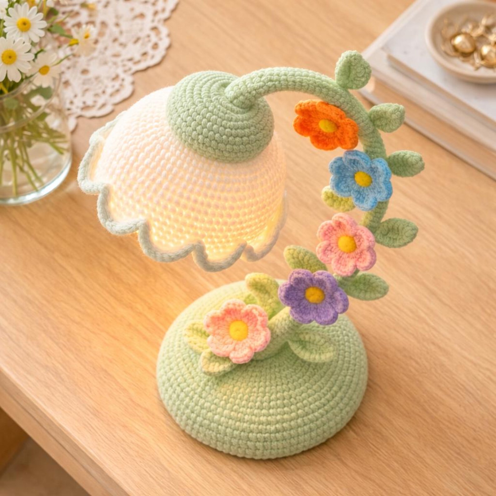 Crochet Floral Lamp Pattern Pdf Amigrumi Flower Light Led Puck Lamp ...