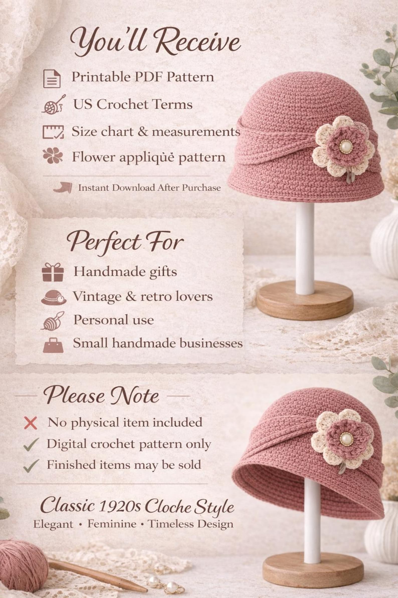 Vintage Crochet Cloche Hat Pattern 1920s Style Women,s Hat Begginer ...
